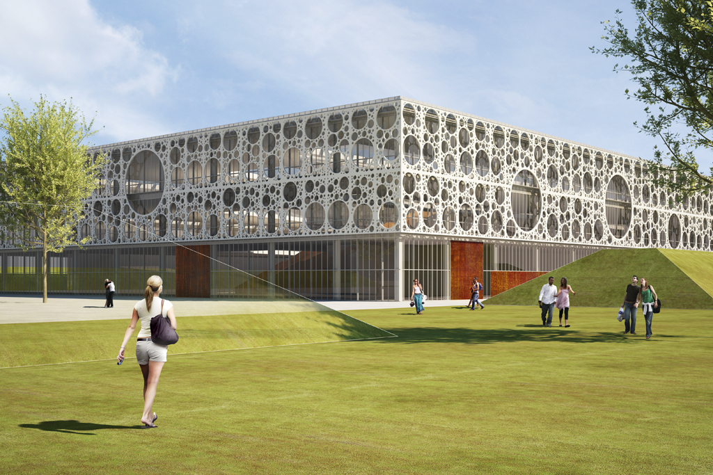 Concrete shroud for university building in Odense