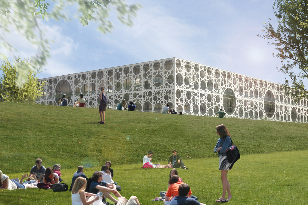 Concrete shroud for university building in Odense
